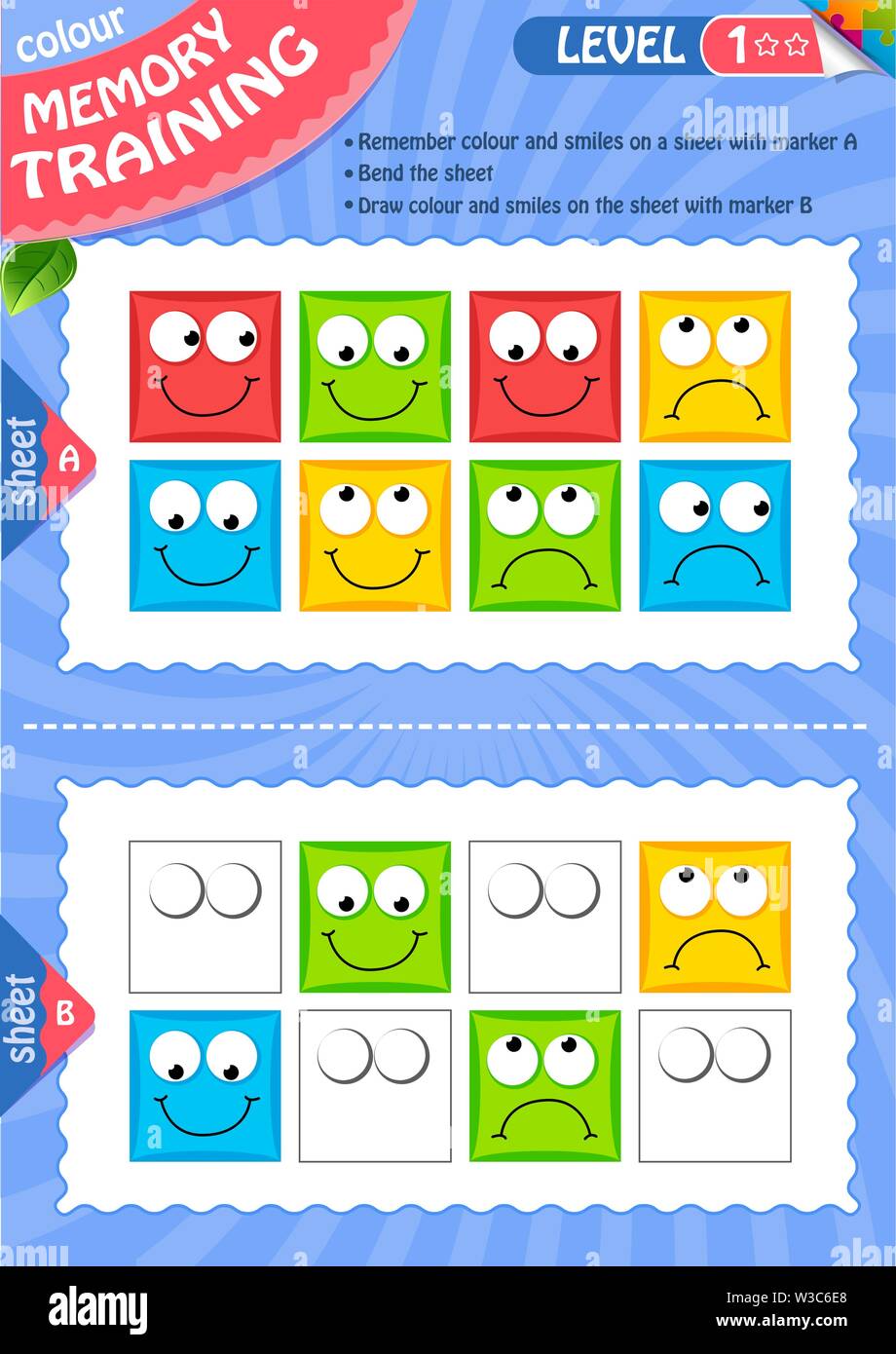 Memory game children and adult. Remember and draw colour and smiles ...