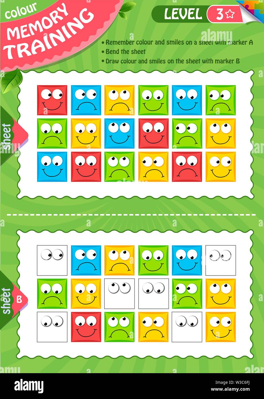 Memory game children and adult. Remember and draw colour and smiles ...