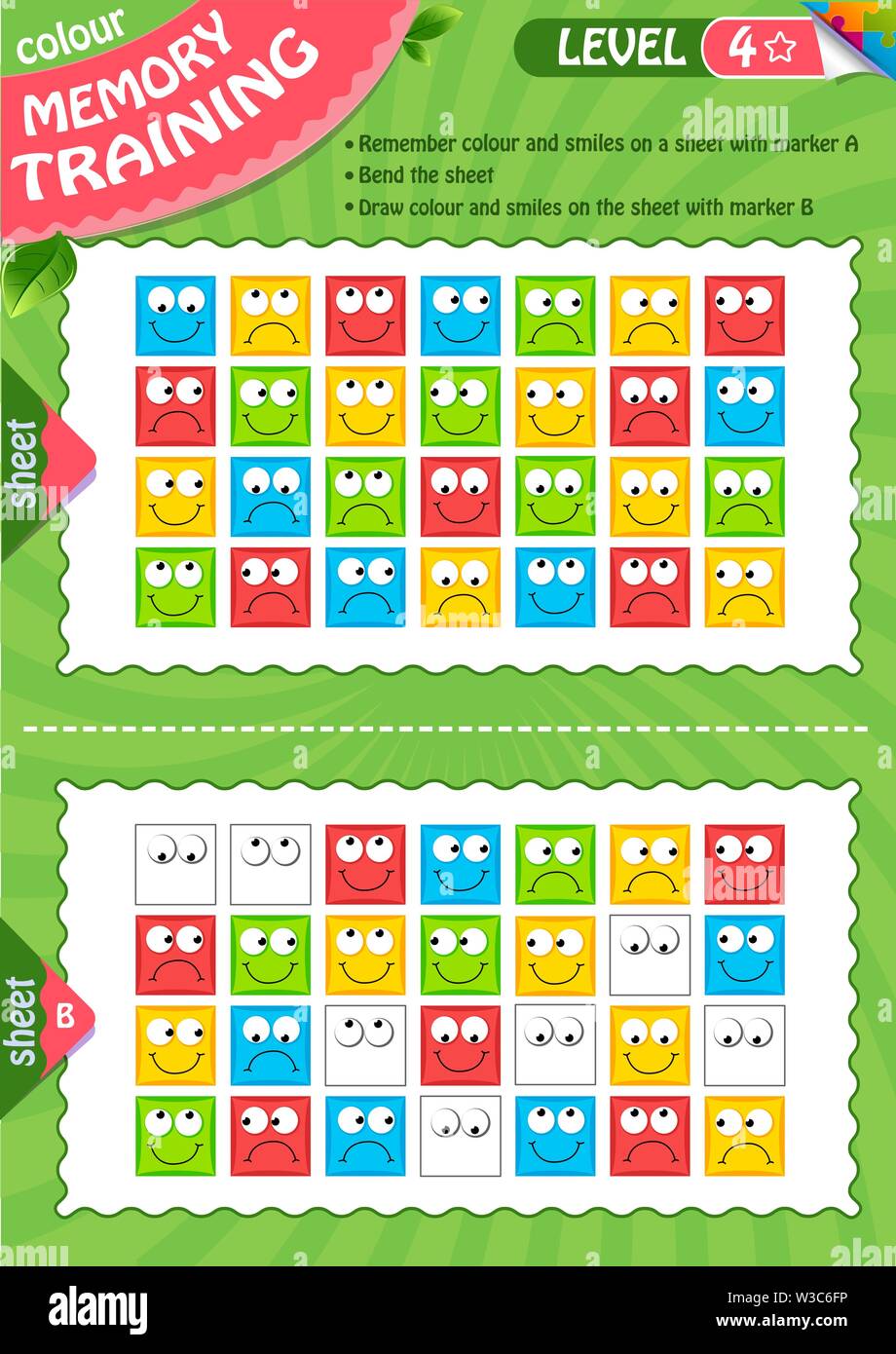 Memory game children and adult. Remember and draw colour and smiles ...