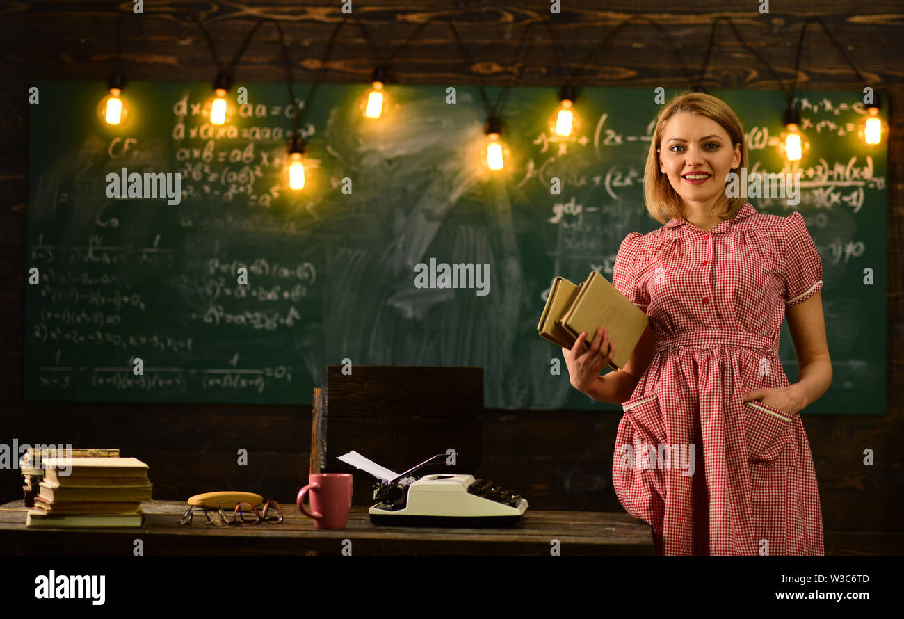modern school concept. modern school with woman in retro dress. modern ...