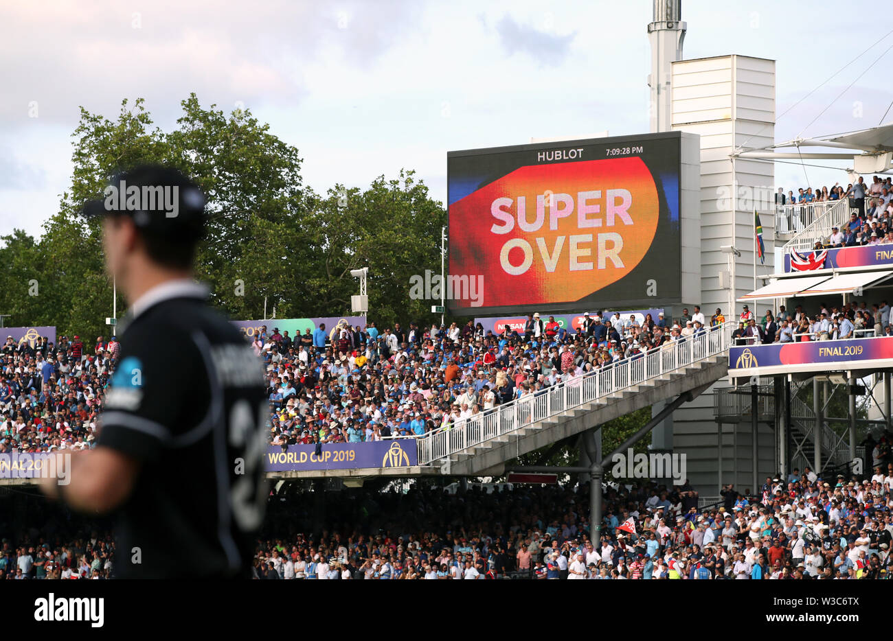 A general view of the super over announcement on the big screen during ...