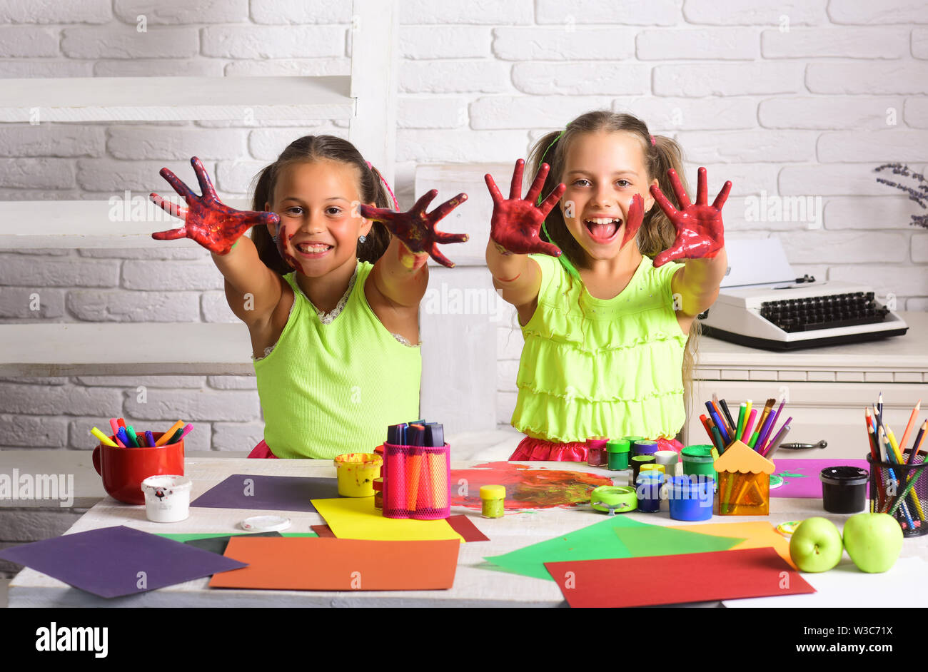 Children happy smiling with colored hands Stock Photo - Alamy