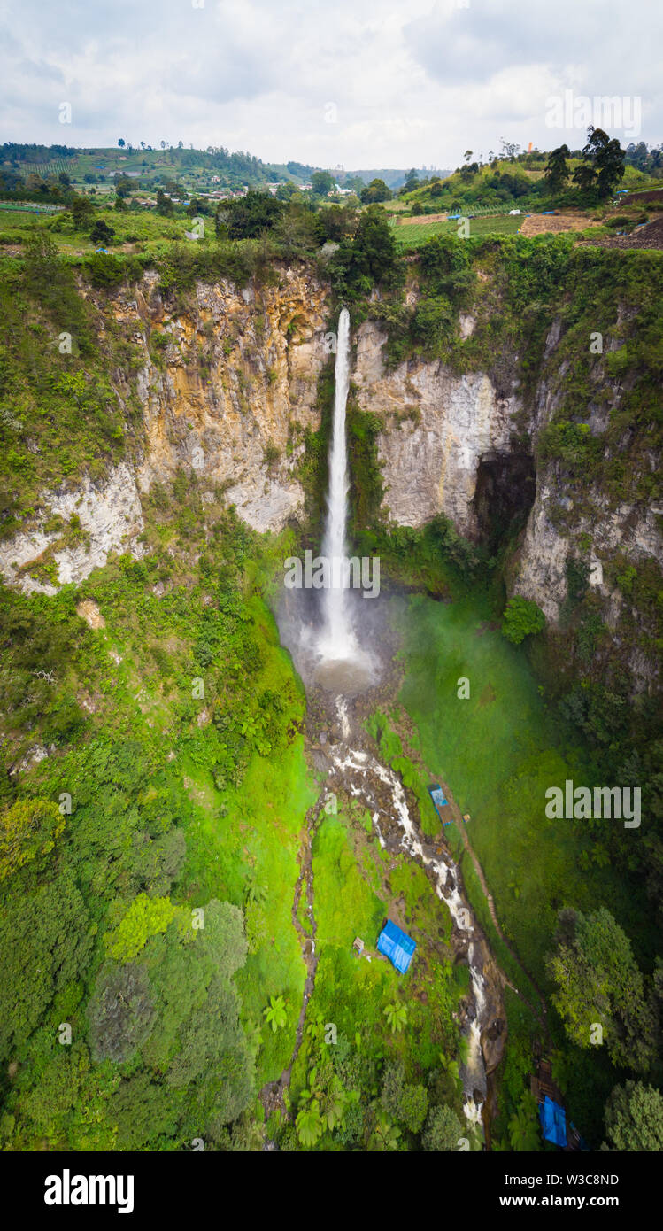 Aerial view Sipiso-piso waterfall in Sumatra, travel destination in ...