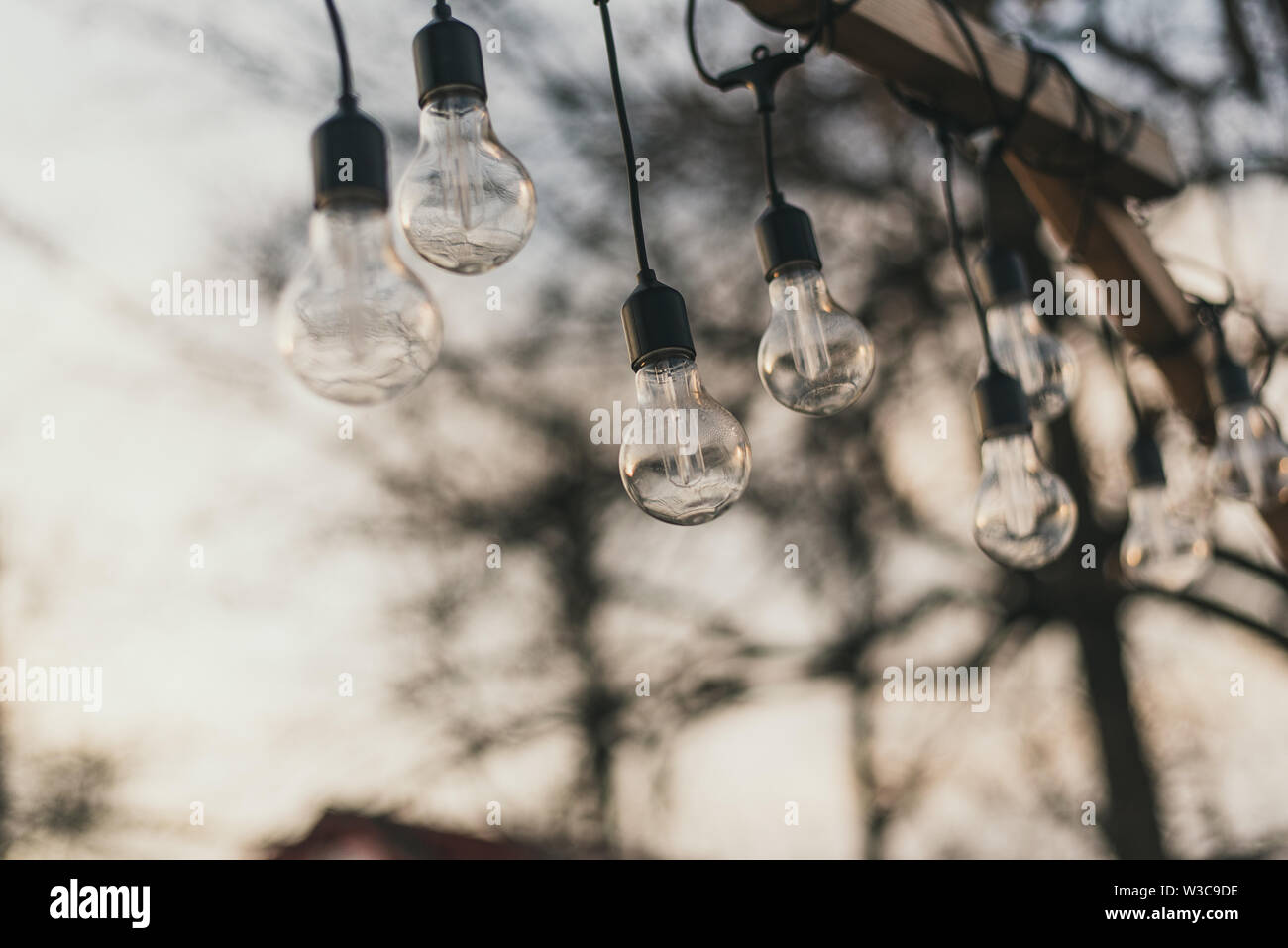 light bulbs in the street in daylight. A garland of light bulbs on a ...