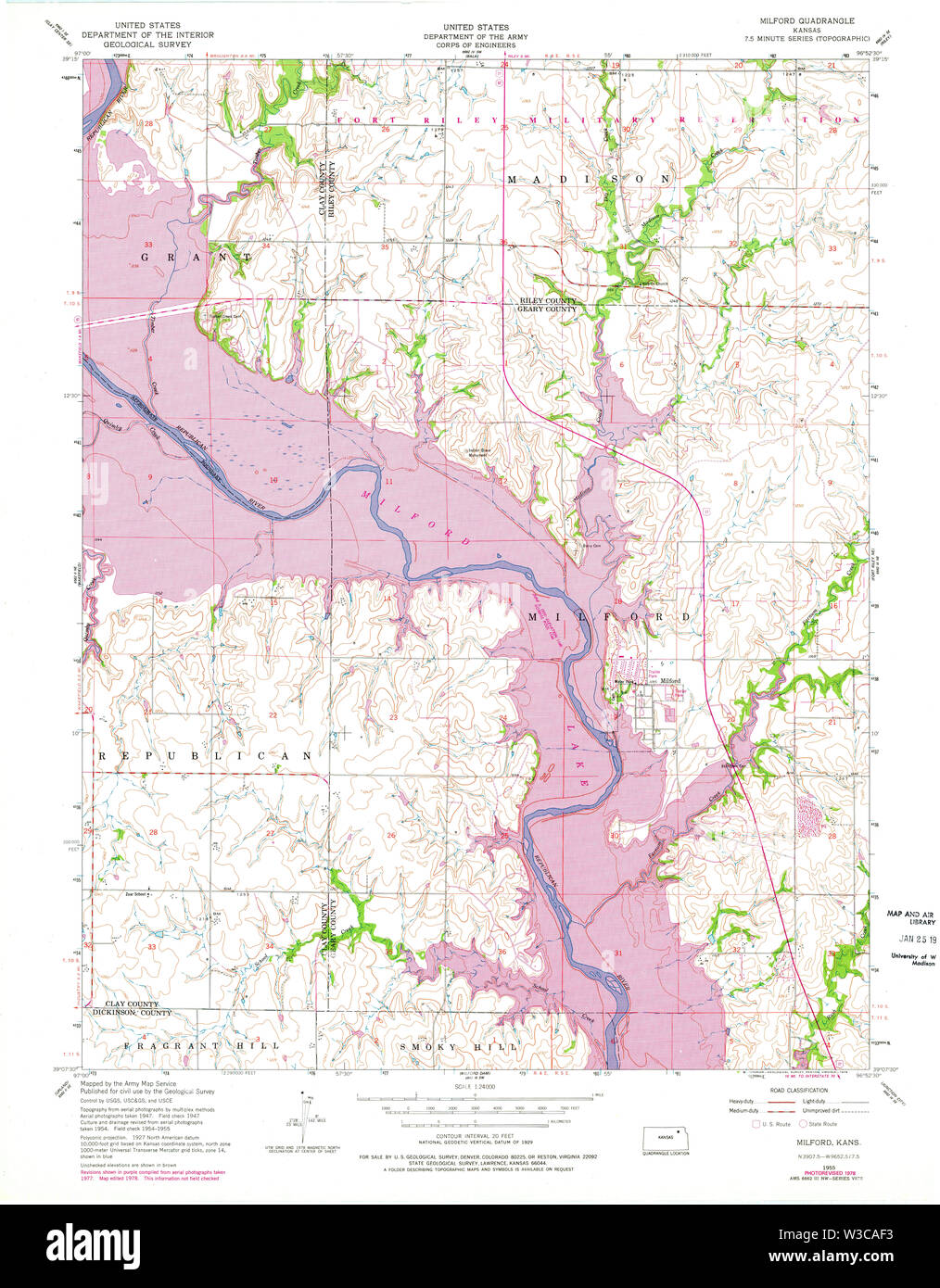 USGS TOPO Map Kansas KS Milford 512020 1955 24000 Restoration Stock ...