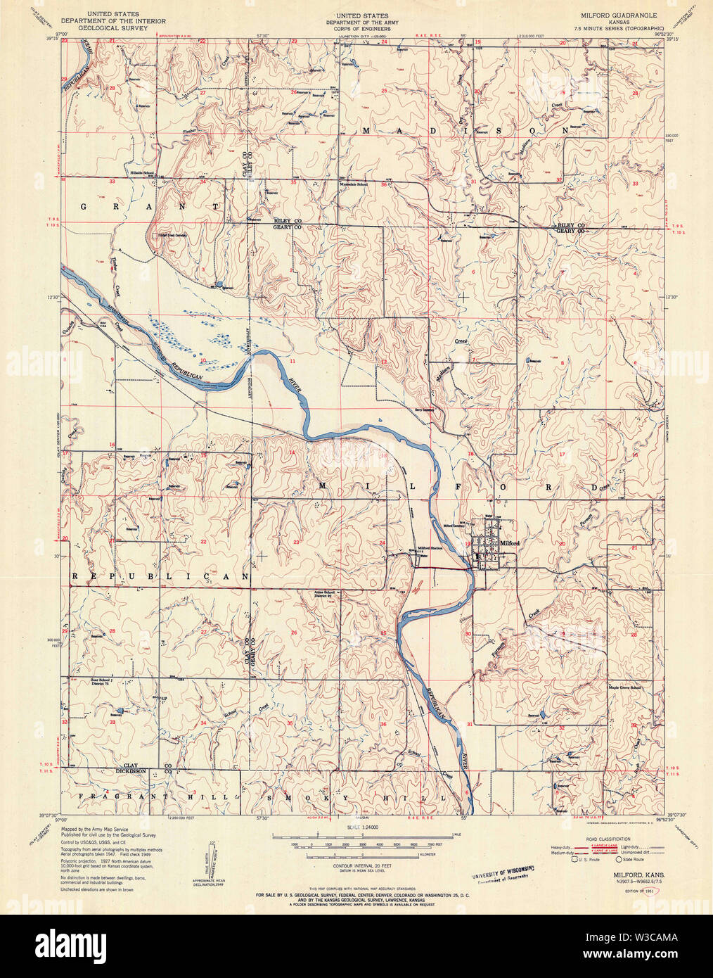 USGS TOPO Map Kansas KS Milford 512022 1951 24000 Restoration Stock ...