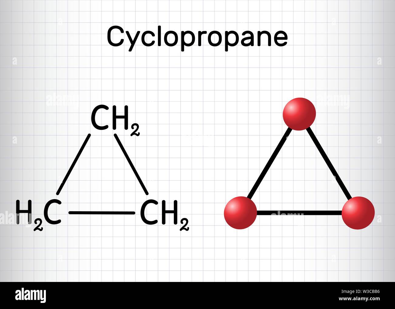 Cyclopropane cycloalkane molecule. It is an inhalation anaesthetic. Sheet of paper in a cage ...