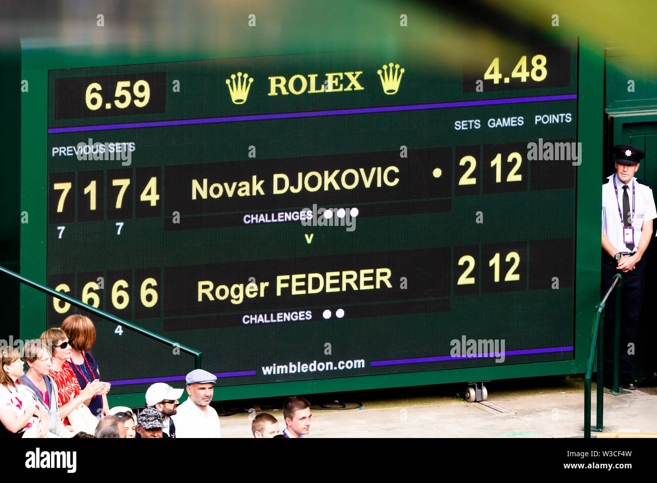 London, UK, 14th July 2019: Scoreboard before Tiebreak during the 2019 ...