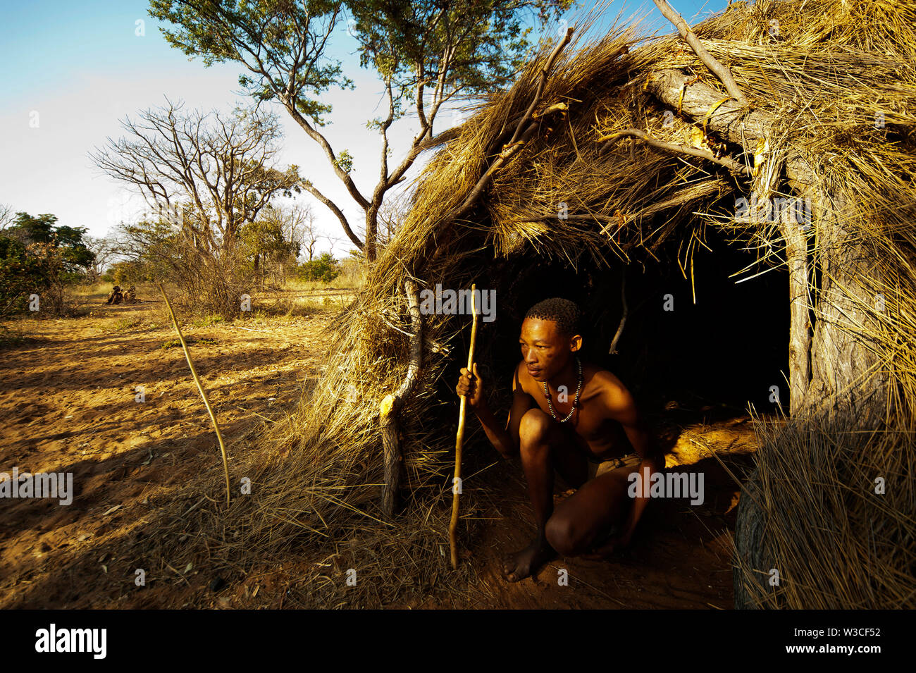 Ju/'Hoansi or San bushmen on a grass hut at their village, Grashoek ...