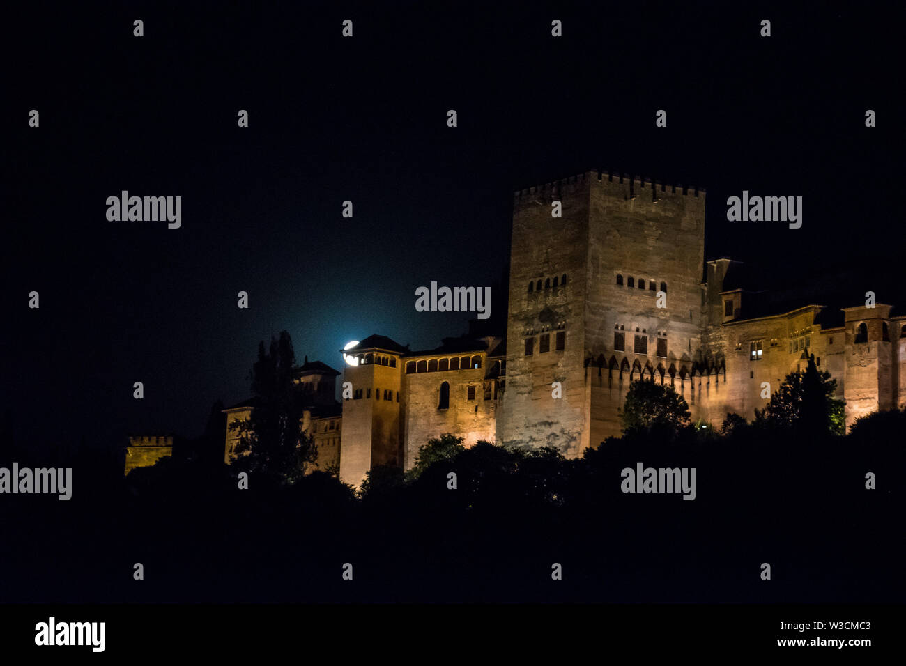 A view of the Alhambra with the moon, a Moorish castle, fortress and ...