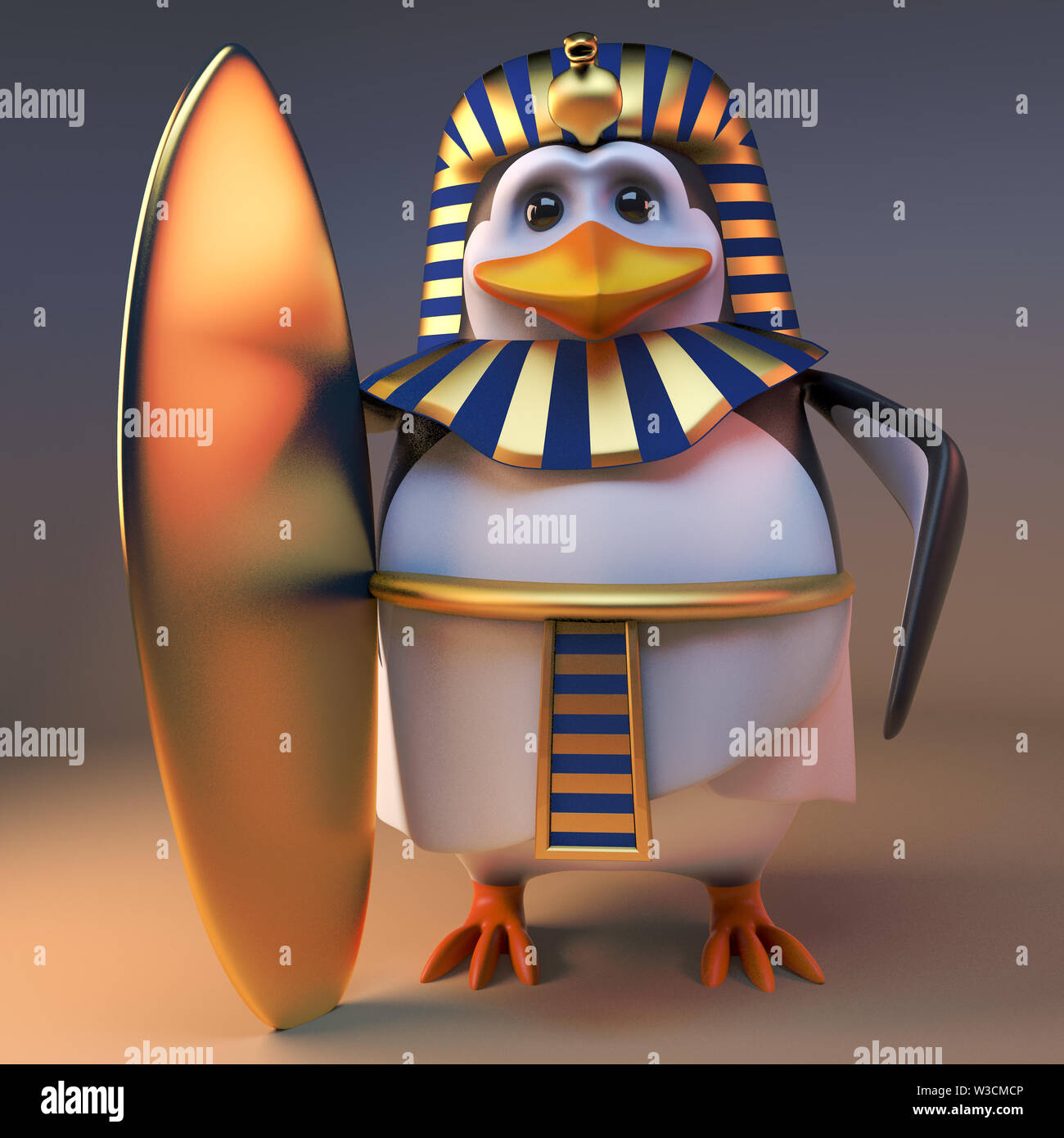 Surfing mad penguin pharaoh Tutankhamun has bought a gold surfboard, 3d ...