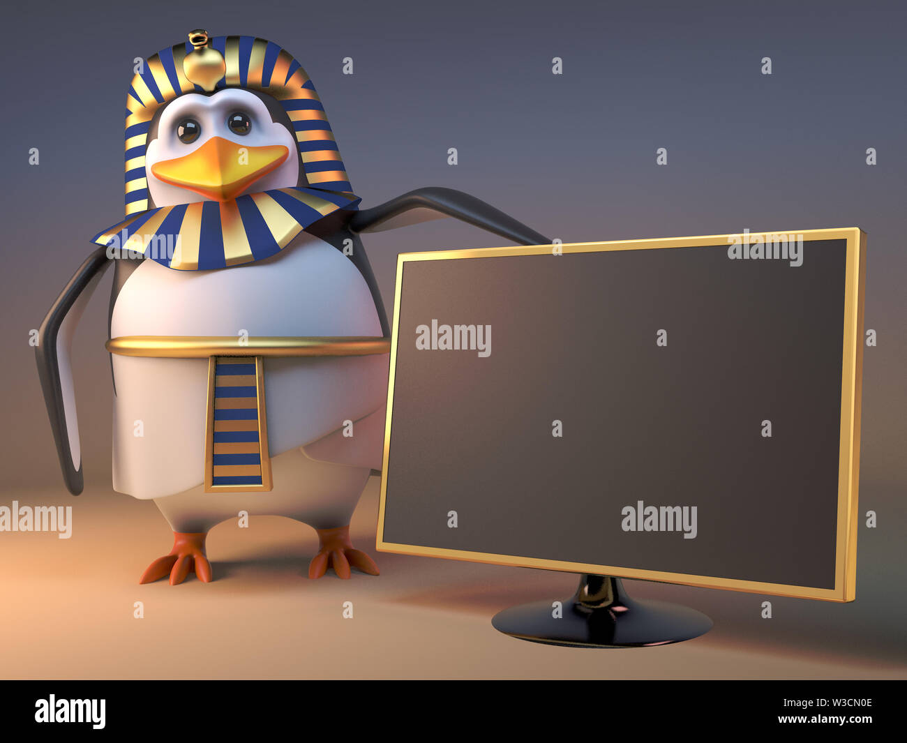 Cool cartoon 3d Egyptian penguin pharaoh Tutankhamun points to the new ...