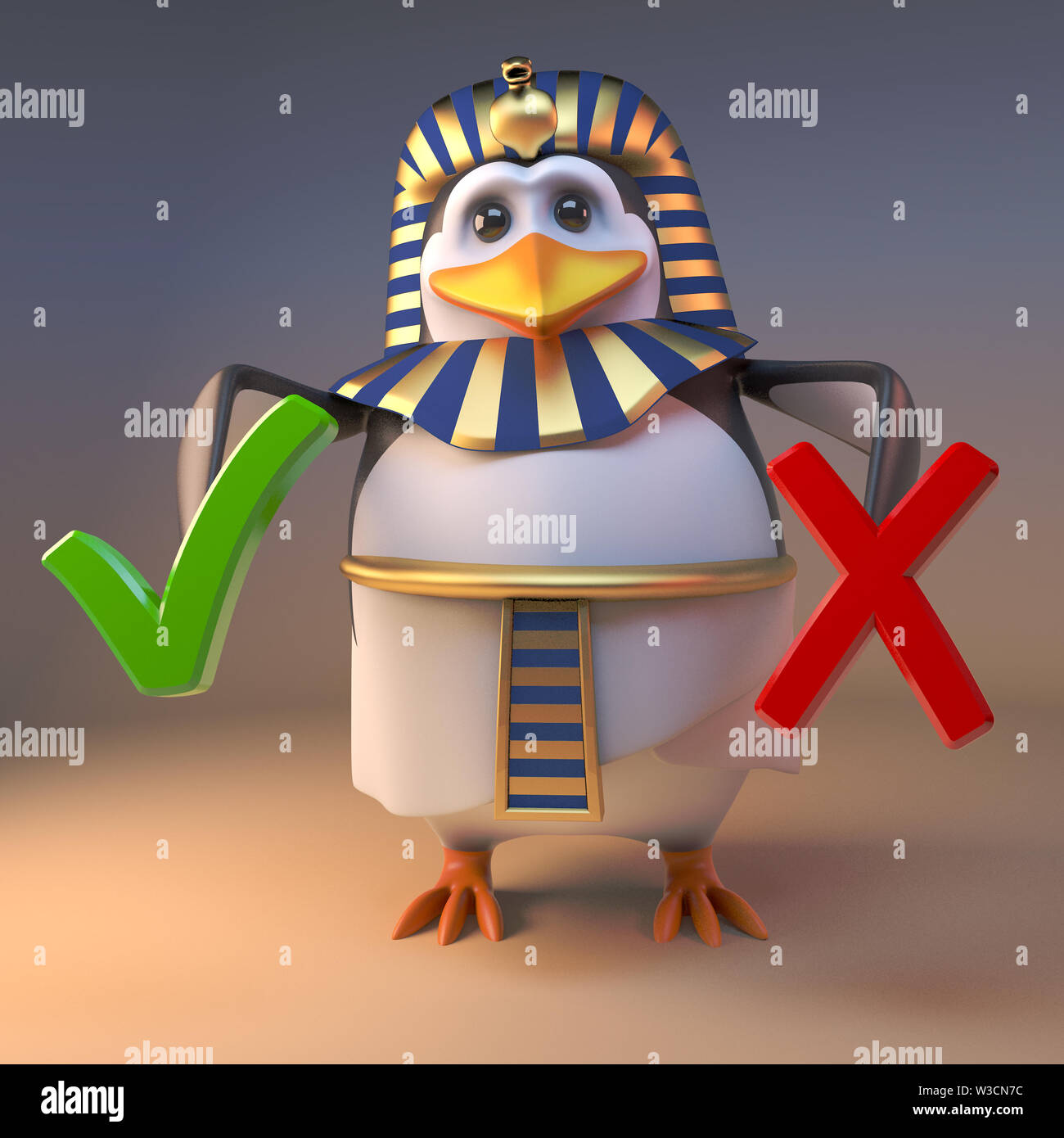 3d cartoon Egyptian penguin pharaoh Tutankhamun holding a tick and a ...