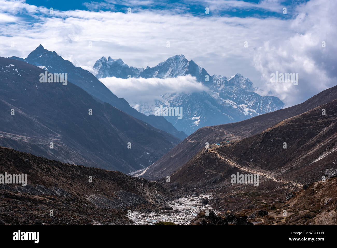 Narrow path leading through Himalayas mountains in Nepal near Gokyo ...