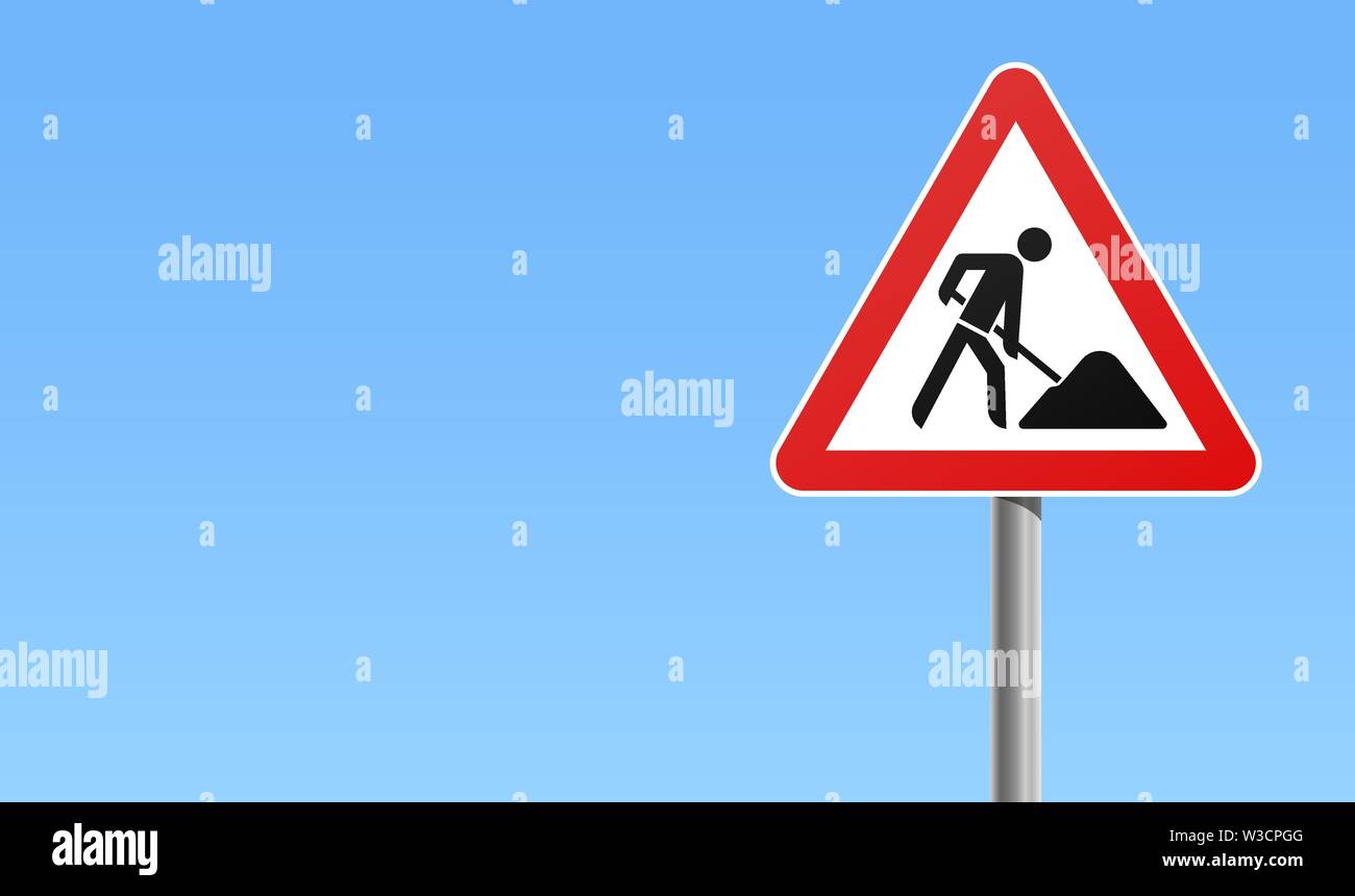 Under construction road traffic maintenance sign with red frame and sky ...