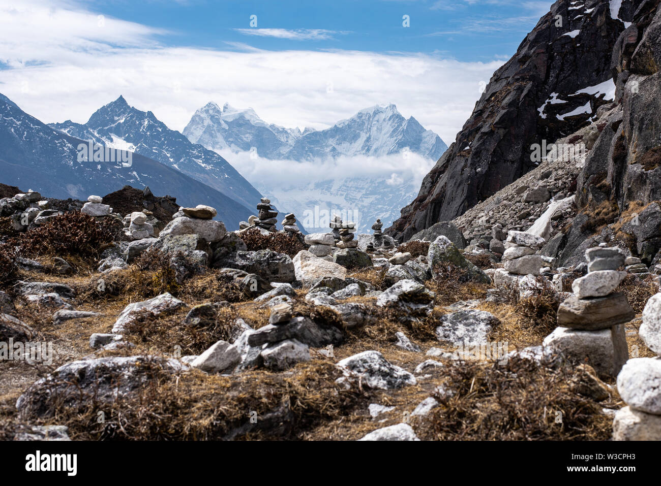 Traditional towers of stones near Gokyo lakes in Nepal Himalayas with ...