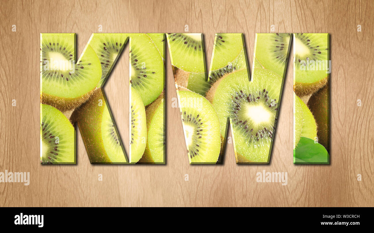 Kiwi word covered with Kiwi fruit on a kitchen cutting board Stock ...