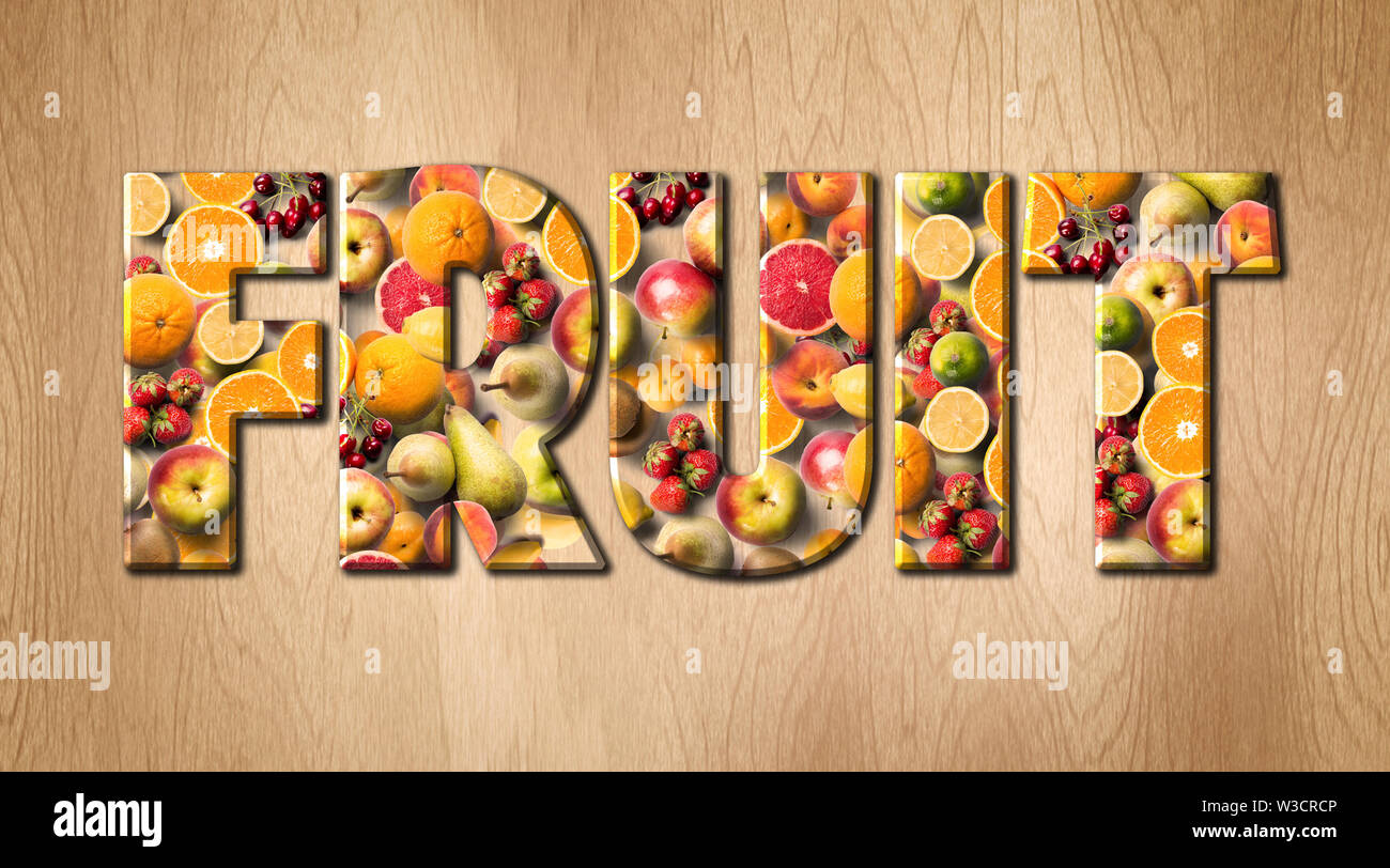Fruit word covered with various fruits on a kitchen cutting board Stock ...