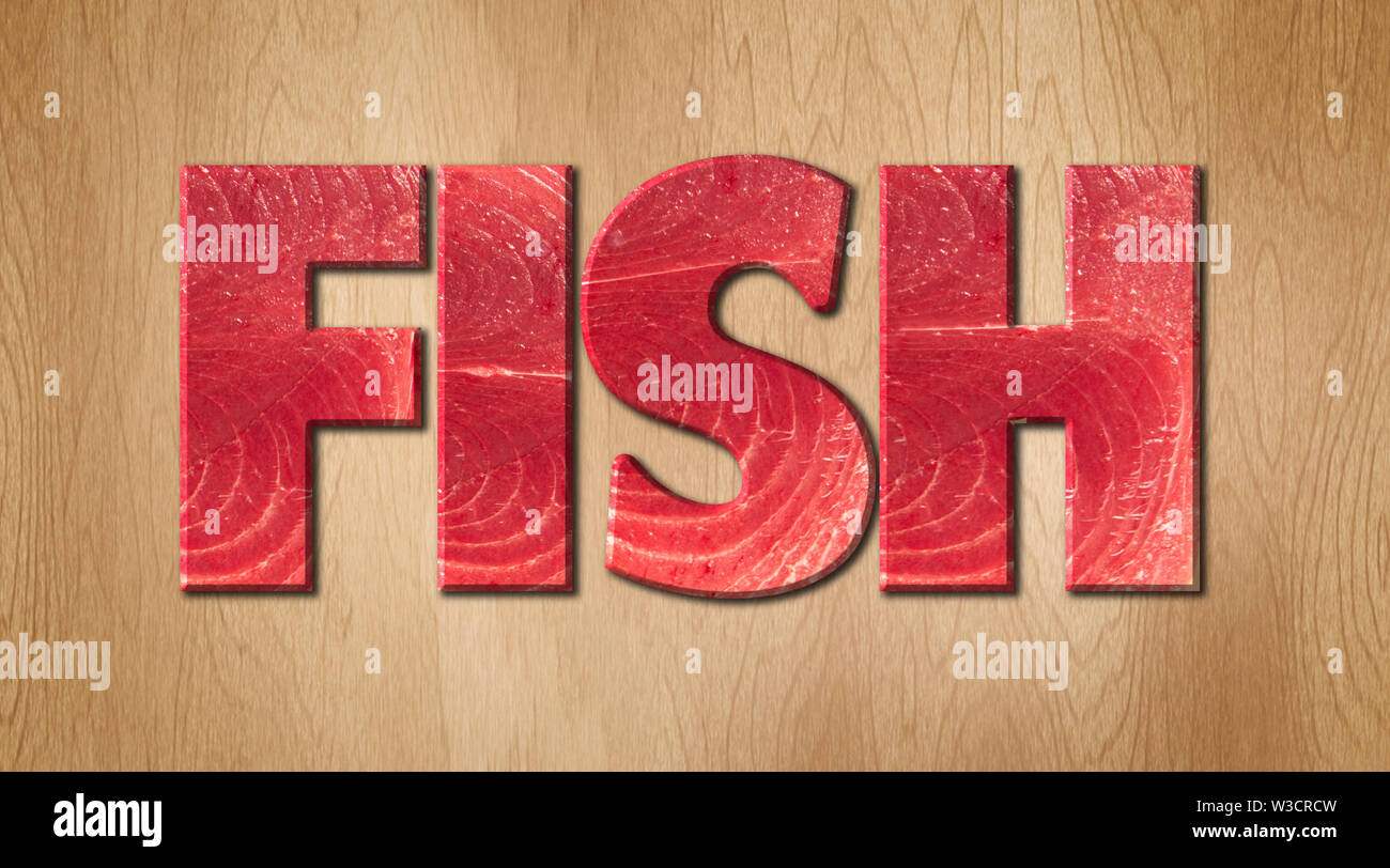 Fish word covered in raw fish texture on a wooden cutting board Stock ...
