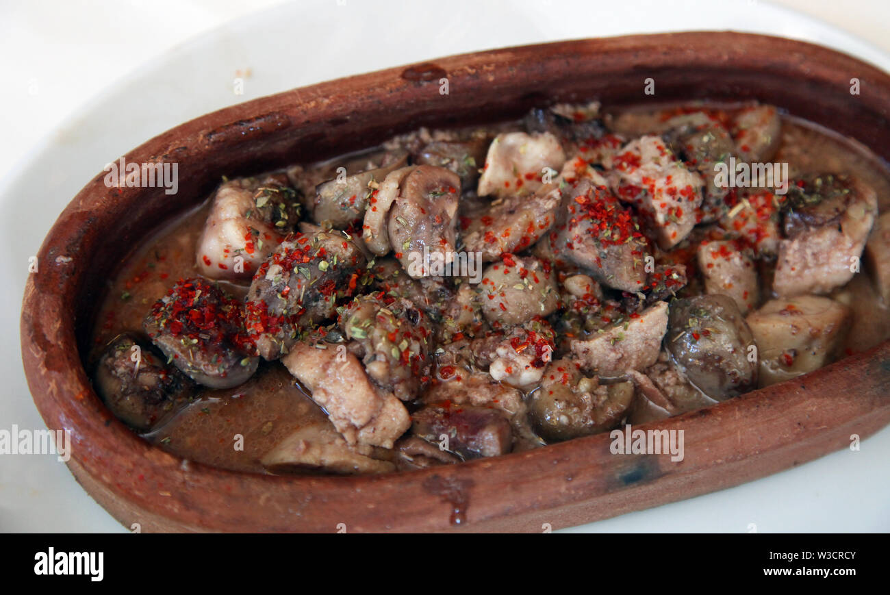 Delicious meat with spices in the guvec (Turkish cuisine) on the ...