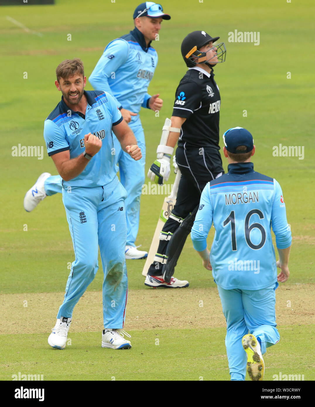 London, UK. 14th July, 2019. Liam Plunkett of England celebrates taking ...