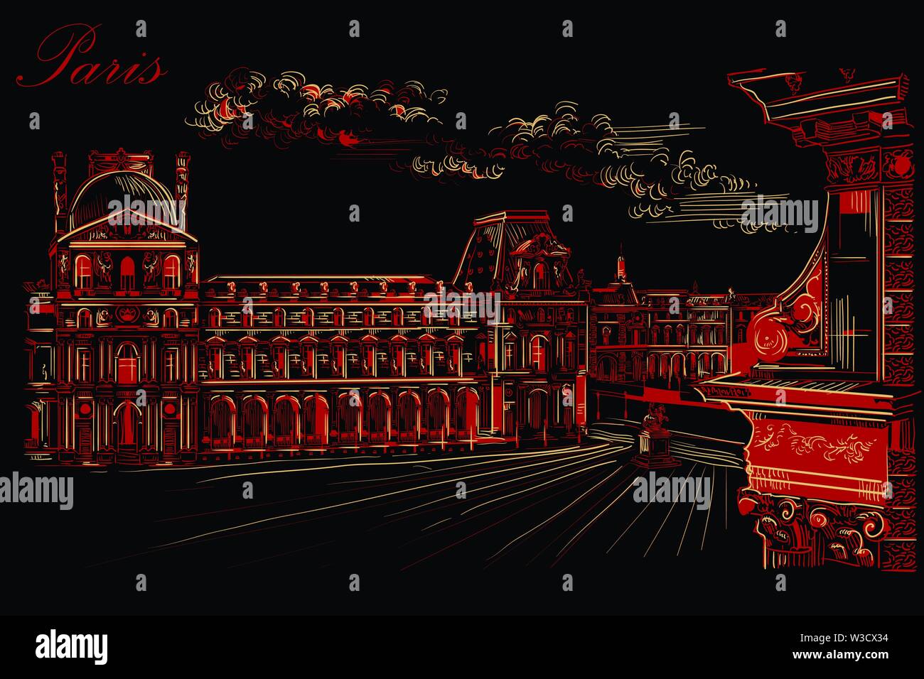 Vector hand drawing Illustration of Louvre museum (Paris, France ...