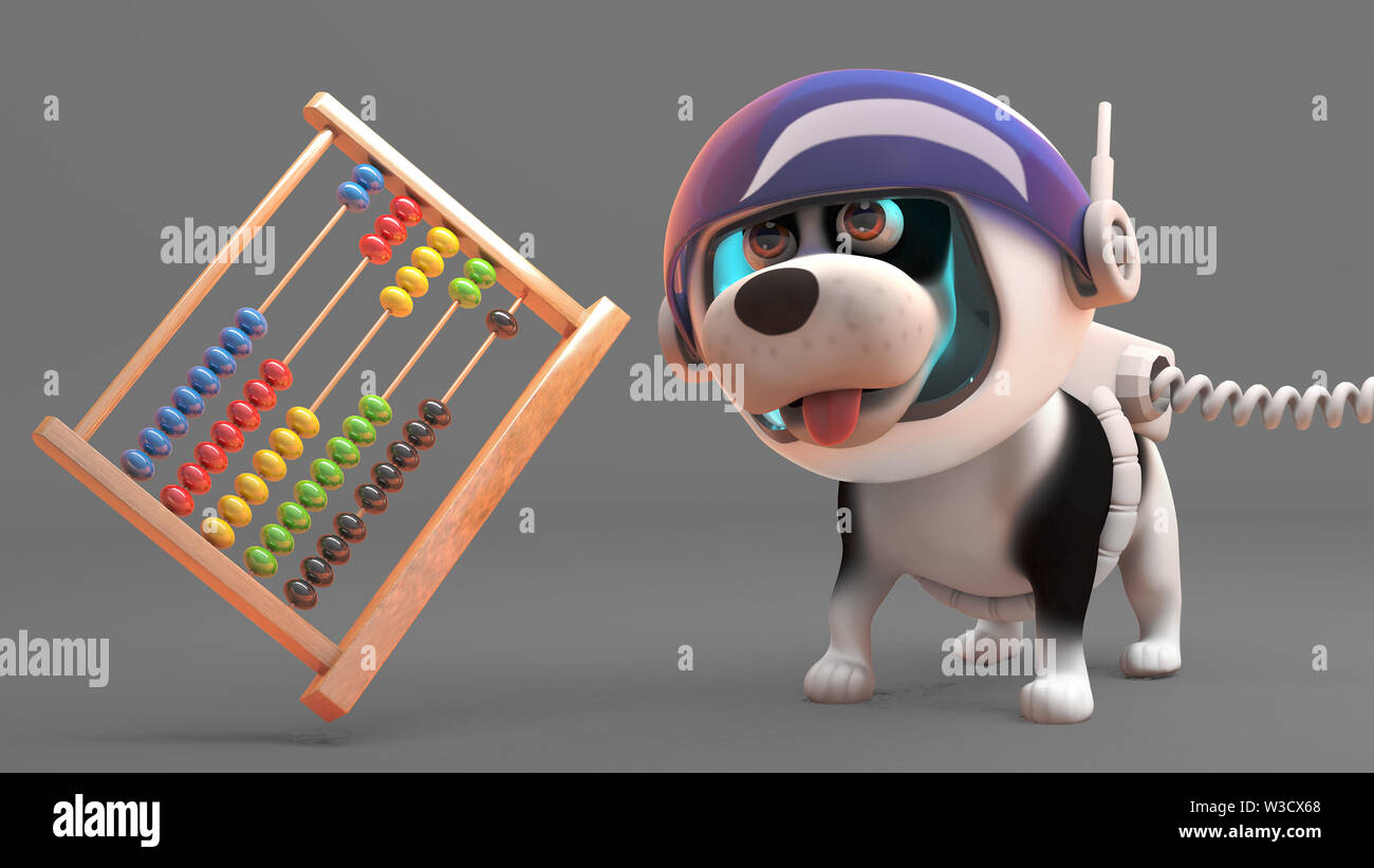 Cool puppy dog in spacesuit looking at an abacus floating in zero ...