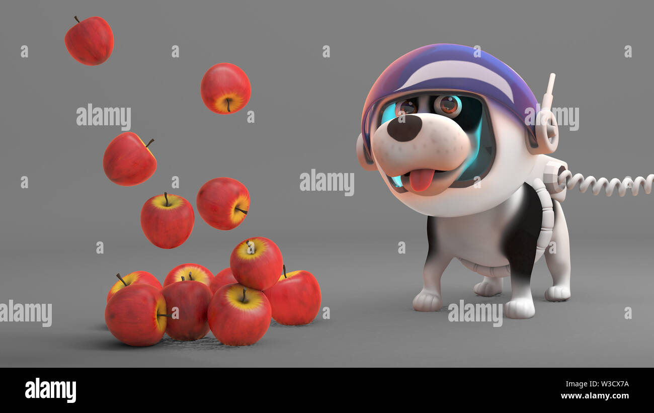 Apples float down from space to the amazement of space dog, 3d ...