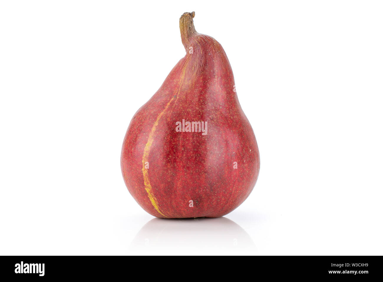 One whole fresh dark red pear anjou with a vertical streak isolated on ...
