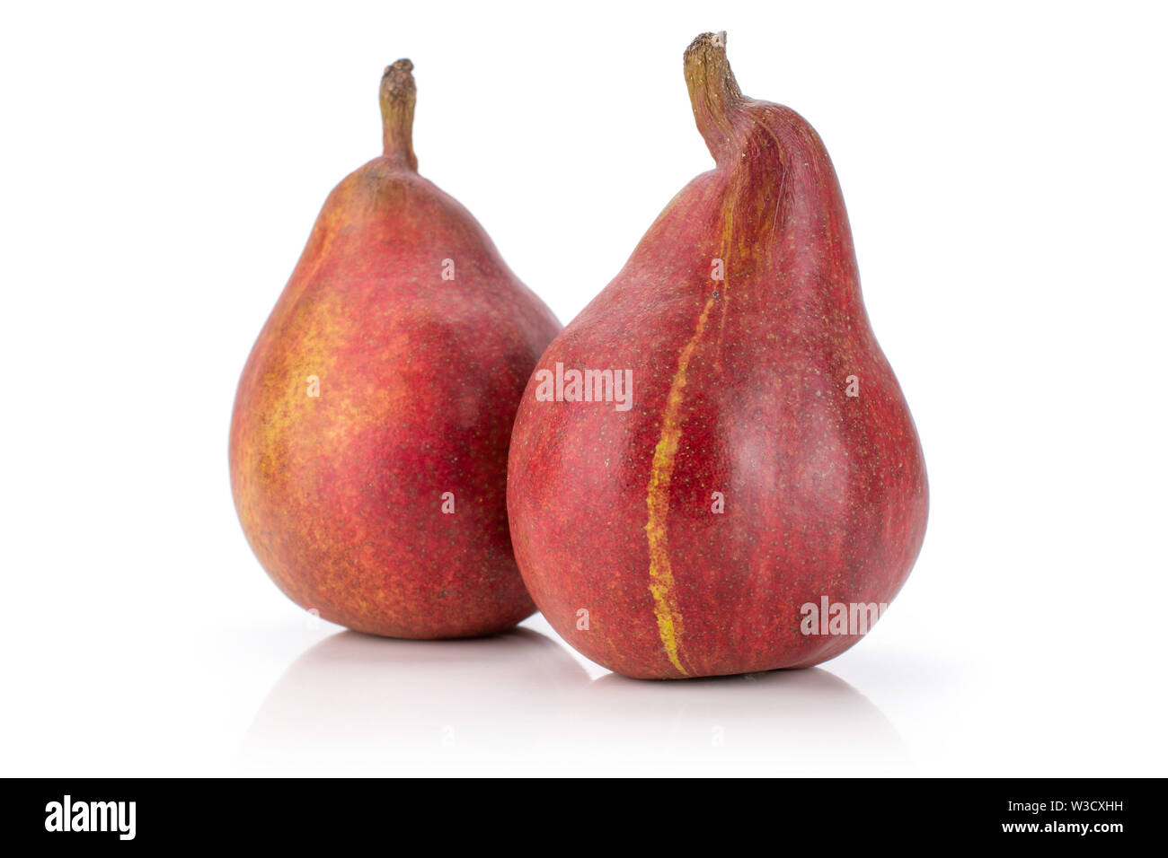 Group of two whole fresh dark red pear anjou with a streak isolated on ...