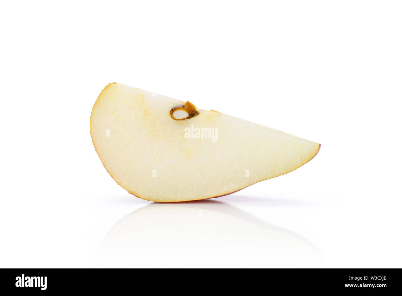 One slice of fresh dark red pear anjou isolated on white background ...