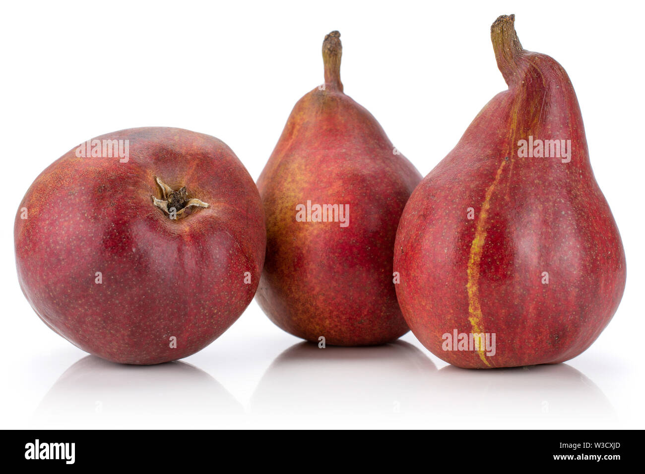 Group of three whole fresh dark red pear anjou with a streak isolated ...