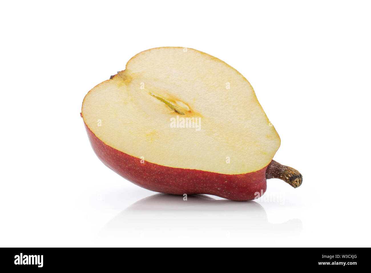 One half of fresh dark red pear anjou cross section isolated on white ...