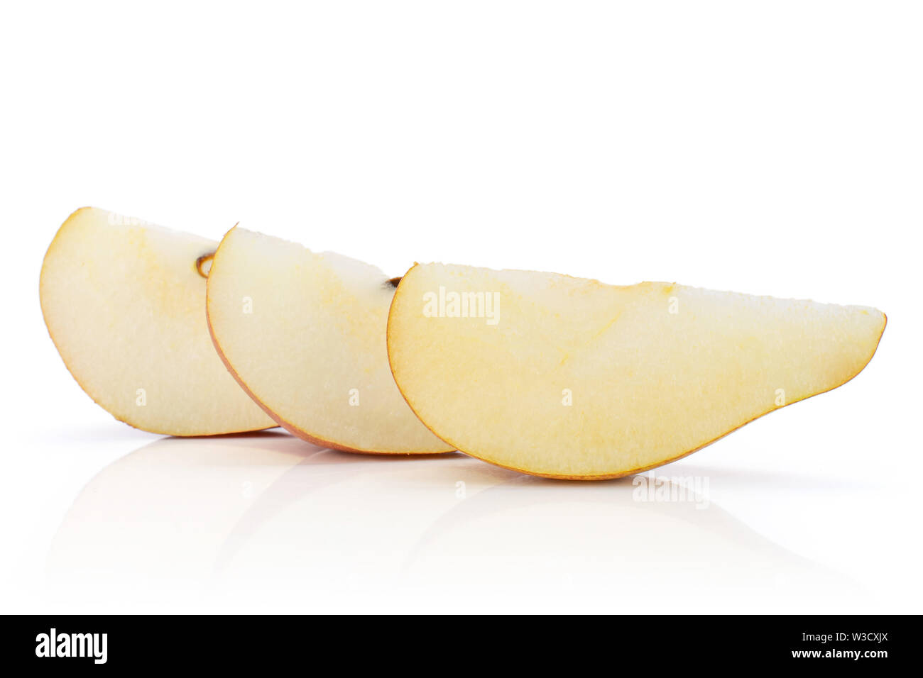 Group of three slices of fresh dark red pear anjou isolated on white ...