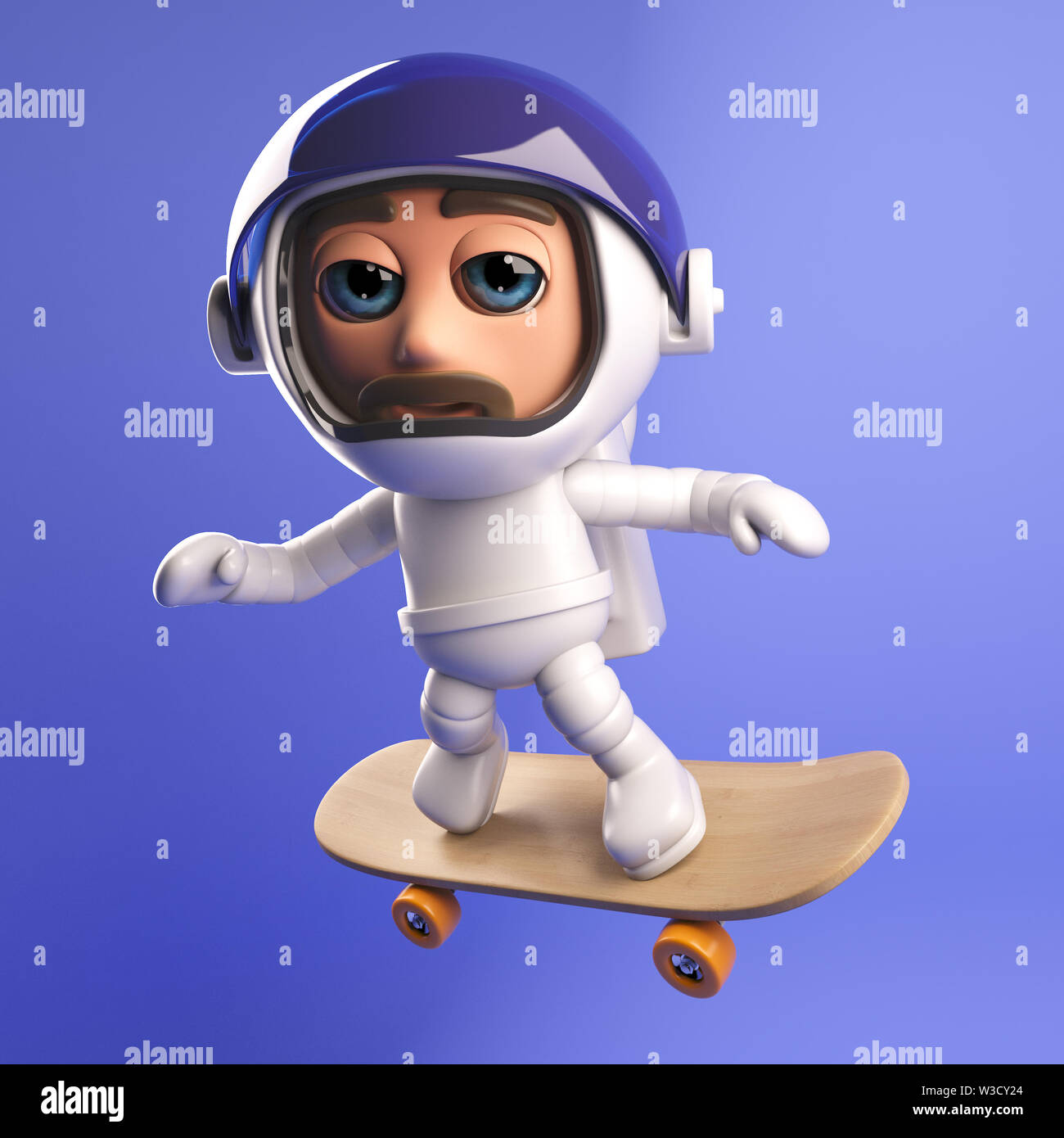 A rendered image of an astronaut spaceman in 3d riding on a skateboard ...