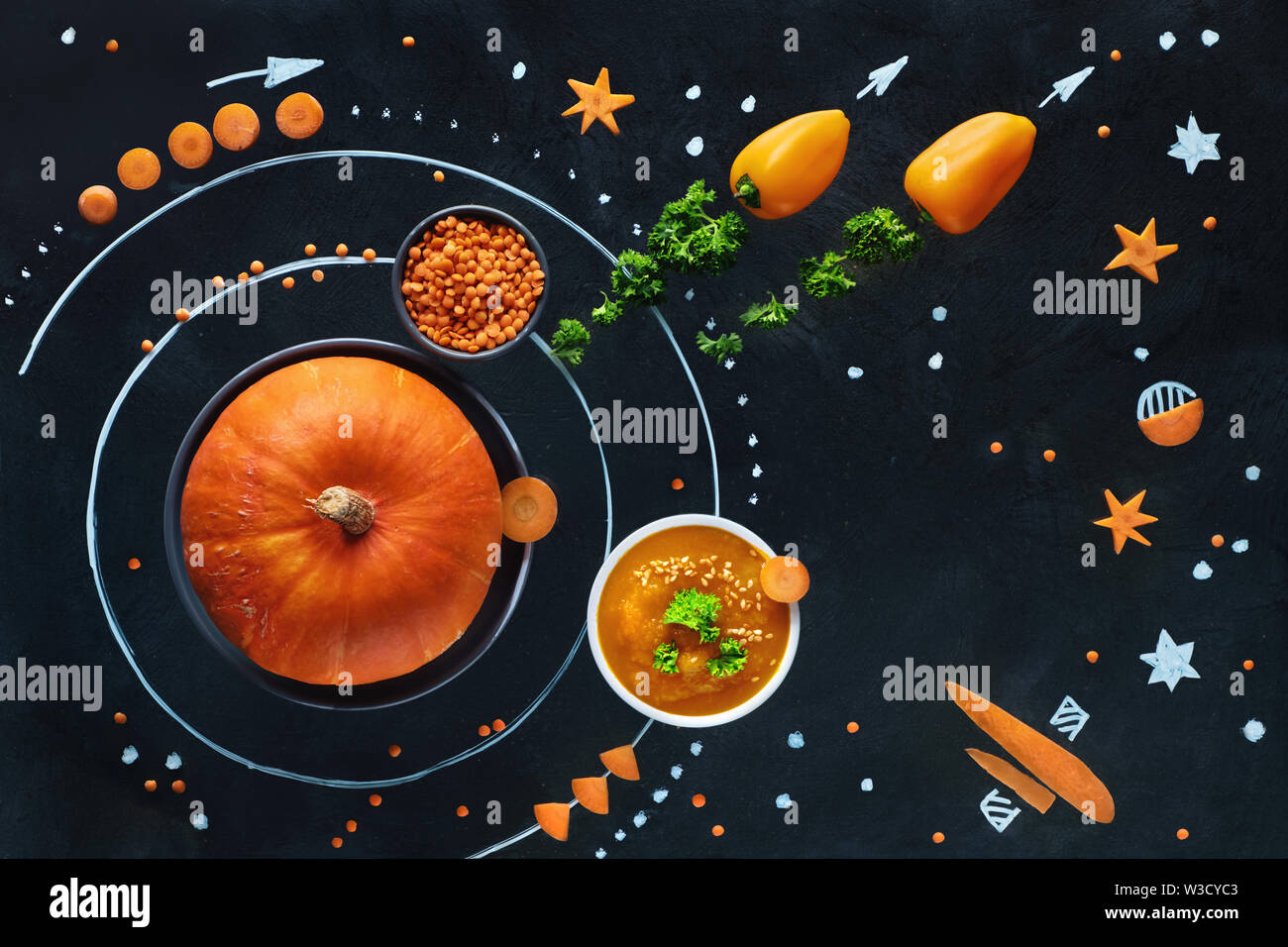 Space pumpkin solar system with carrot, pepper and lentils soup ...