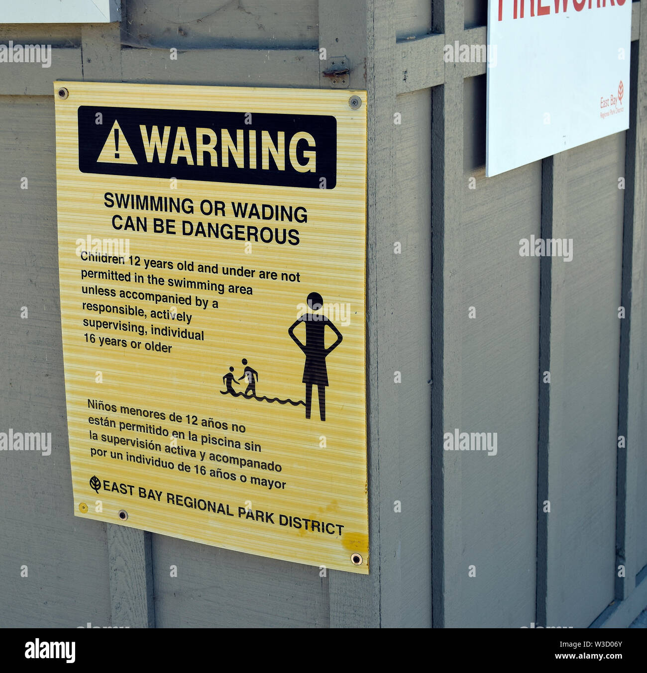 warning sign that swimming or wading can be dangerous, at entrance to ...