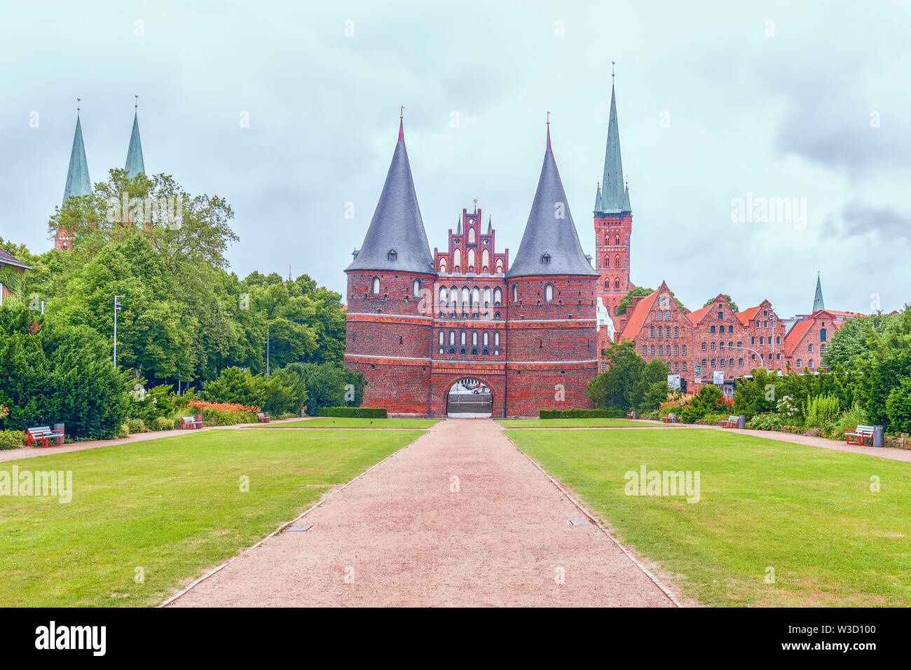 The Holsten Gate (Holstentor) in the old center of the Hanseatic city ...