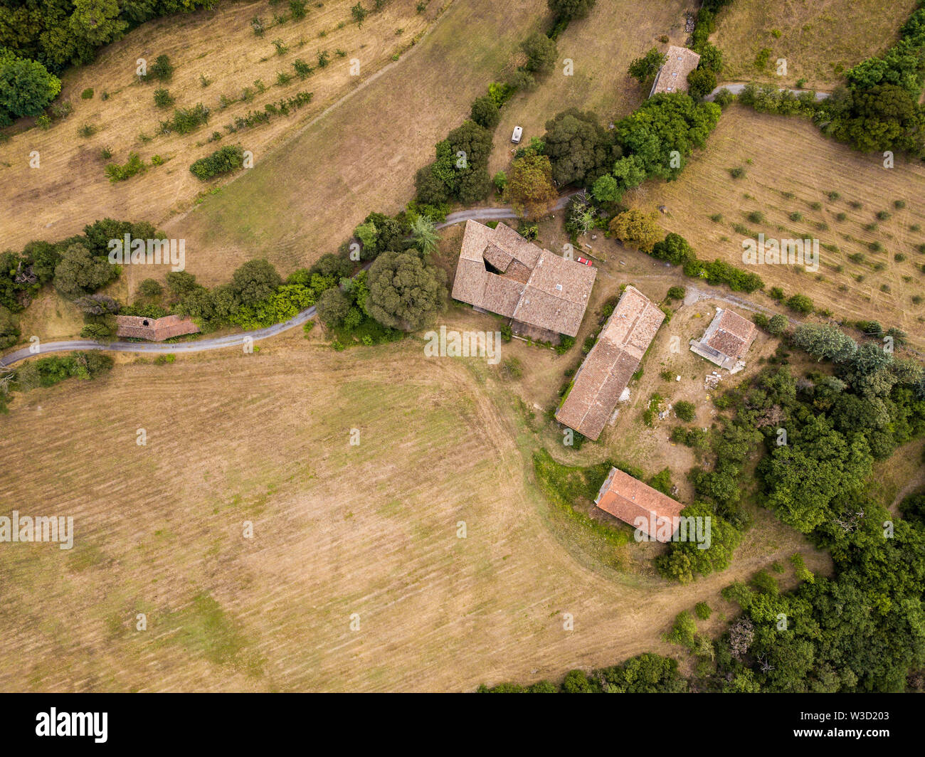 Aerial top down view of rural village houses in Cevennes National Park ...