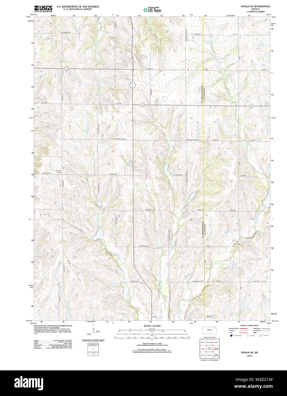 USGS TOPO Map Kansas KS Onaga NE 20120906 TM Restoration Stock Photo ...