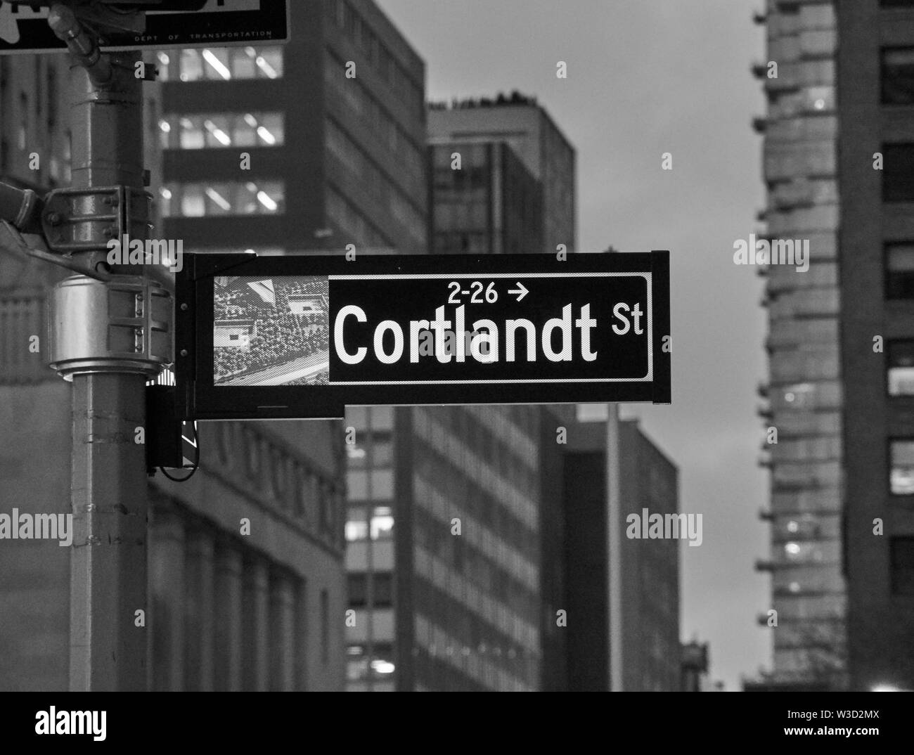 Cortlandt street sign in New York USA, black and white photograph on a ...