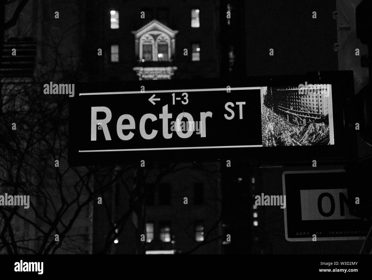 Rector street sign in New York USA, black and white photograph on a ...