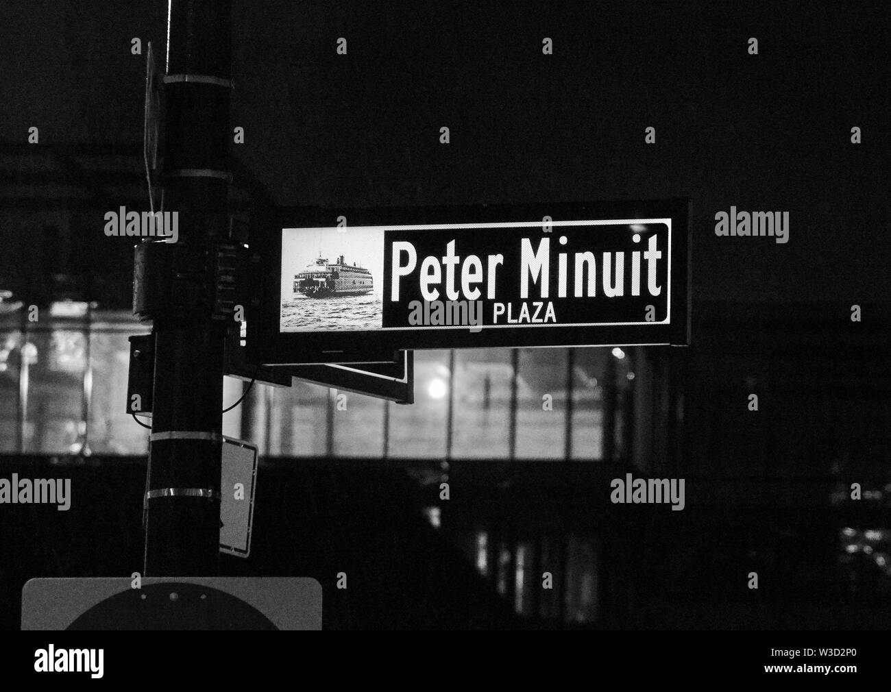 Peter Minuit Plaza street sign in New York USA, black and white ...