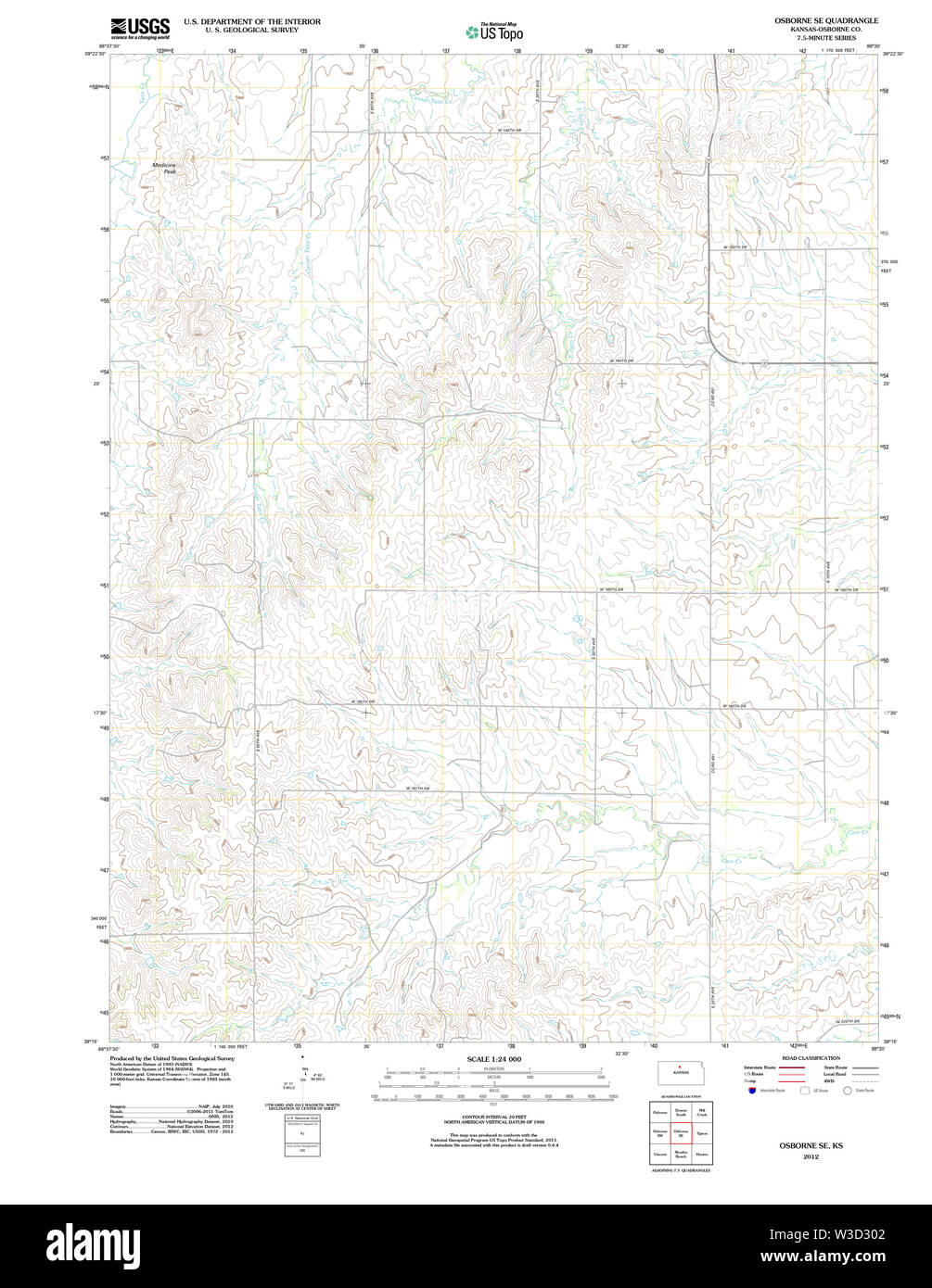 USGS TOPO Map Kansas KS Osborne SE 20120908 TM Restoration Stock Photo ...