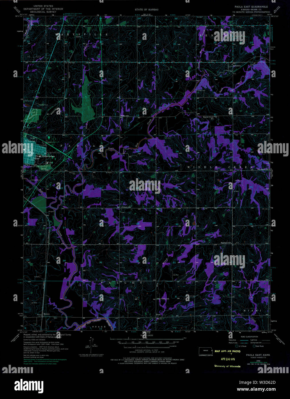 USGS TOPO Map Kansas KS Paola East 512214 1956 24000 Inverted ...