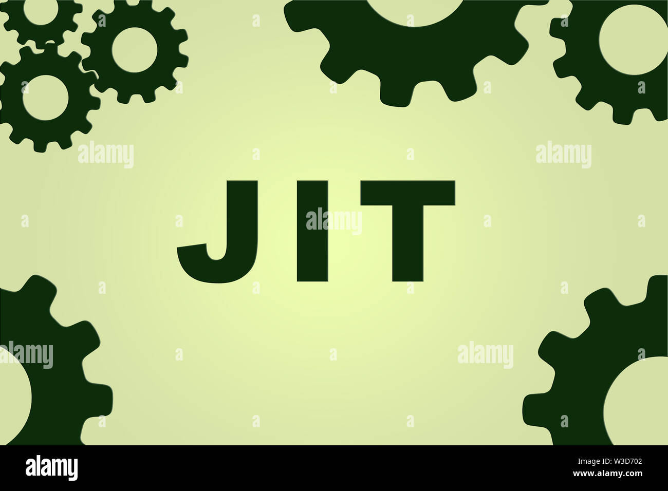 JIT sign concept illustration with dark green gear wheel figures on ...
