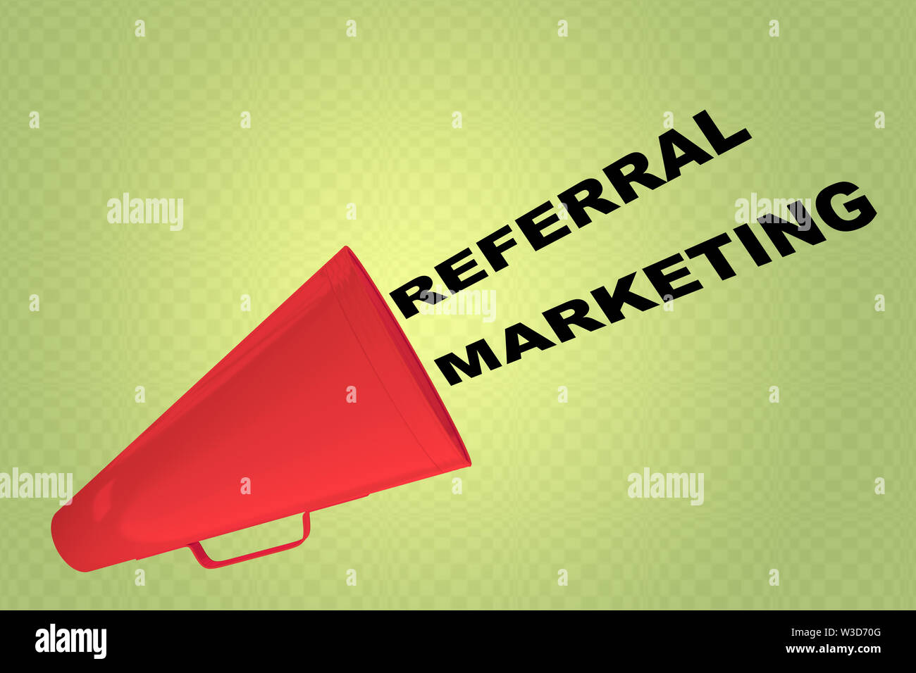 3D illustration of REFERRAL MARKETING title flowing from a loudspeaker ...