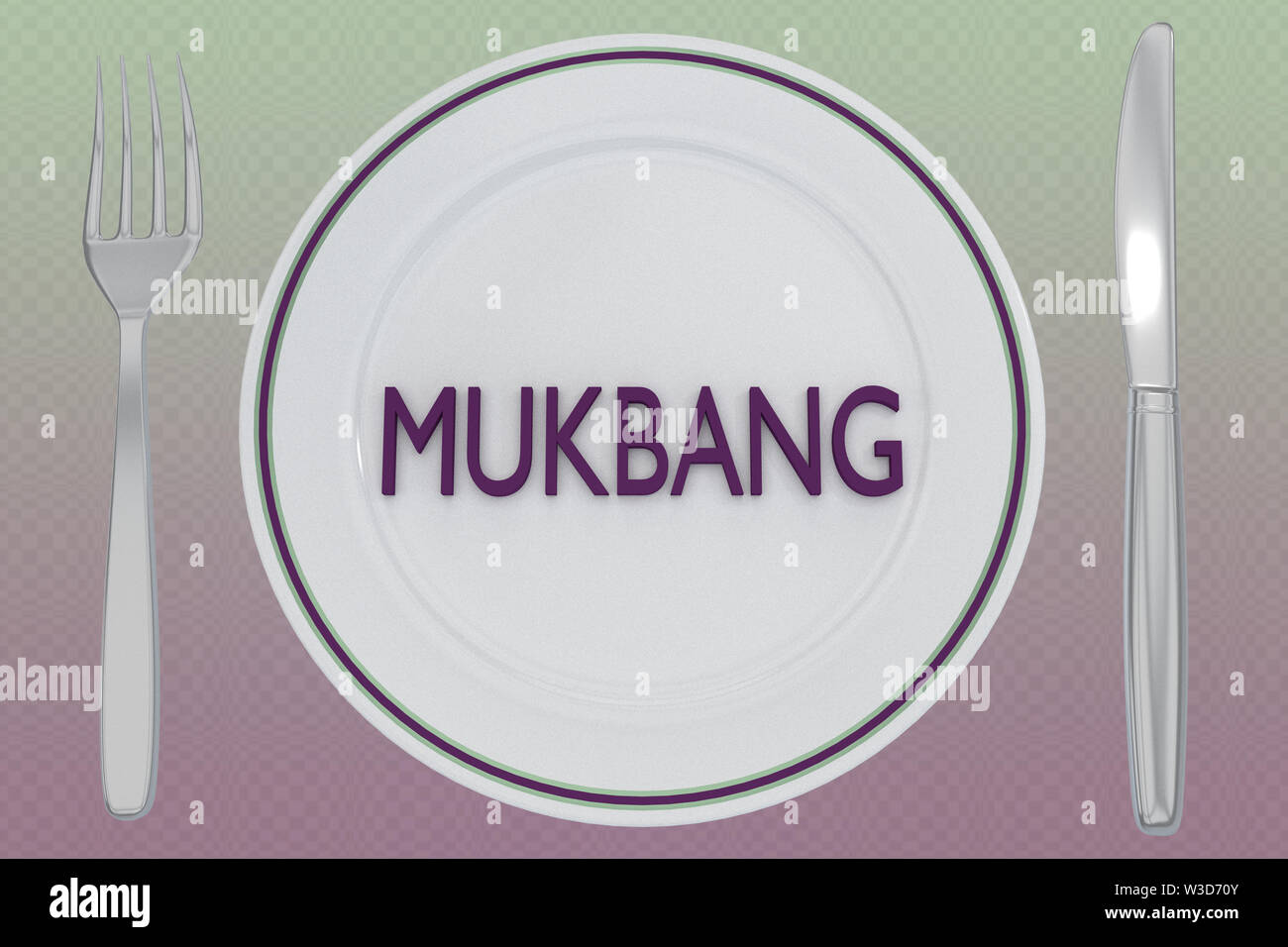3D illustration of MUKBANG title on a white plate, along with silver ...