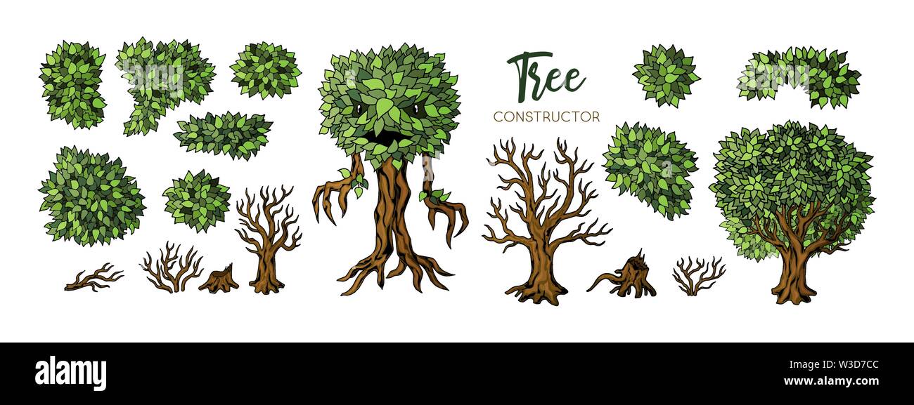 Fantasy trees constructor set. Trees, leaves and branches elements for ...