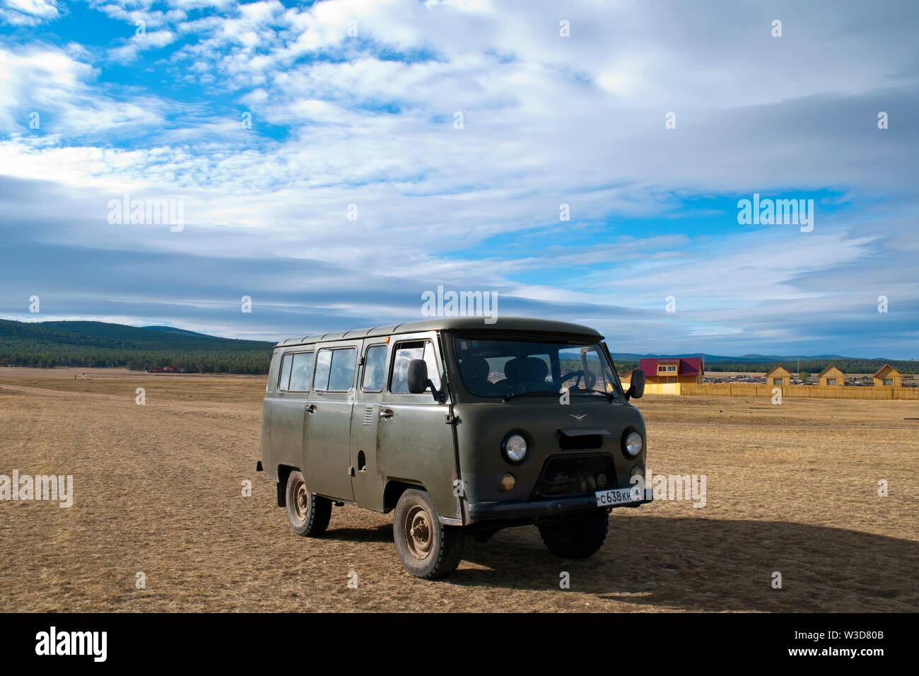 Olkhan Island Russia, Russian off-road van UAZ - 452 in remote barren ...